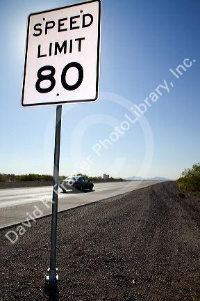 Speed Limit 80 mph road sign along Interstate 10 in west Texas, USA ...